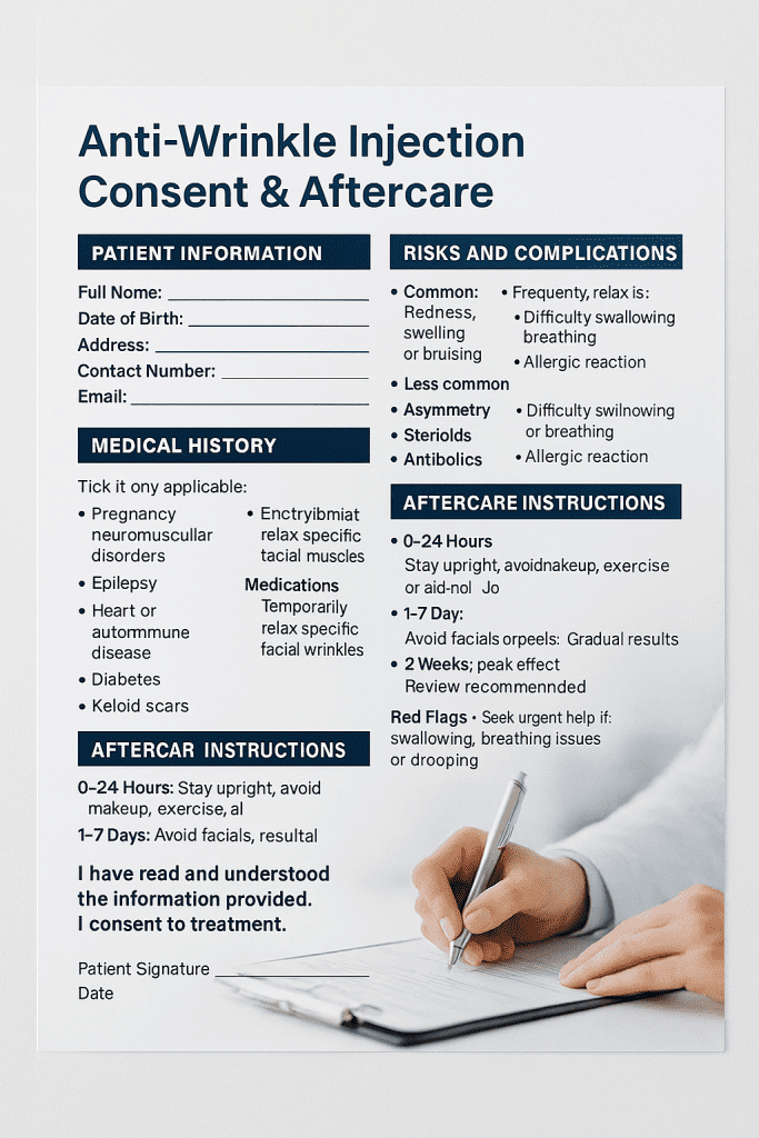 Anti-Wrinkle Injection Consent & Aftercare Form (UK-Compliant ...